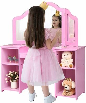 Costway Coiffeuse pour Enfants 2 en 1 avec Miroir Amovible, Bureau Enfant avec 4 Étagères de Style Princesse pour Filles, Rose