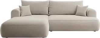 Selsey OVO - Ecksofa mit Schlaffunktion, Bettkasten, Ottomane Links, Easy-Clean-Veloursbezug in Cremeweiß