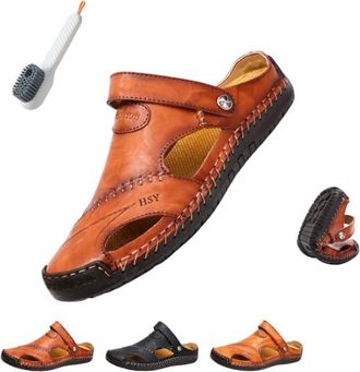 Generic Podobackpedic Sandales en cuir pour homme pour la maison et lextérieur - Respiration légère - Pour la plage dété, Brun rougeâtre, 39 2/3 EU