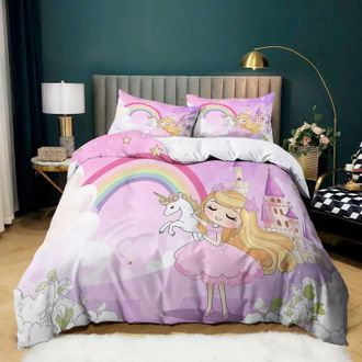 Generic Bettbezug 135 x 200 cm, Cartoon Regenbogen Einhorn Microfaser Weiche Flauschige Bettwäsche Set mit je 2 Kissenbezug - 3 Teilig Schloss Thema Bedruckte
