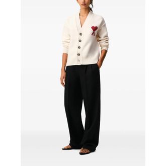 Ami Wool Knit with Logo Embroidery Cardigan - White