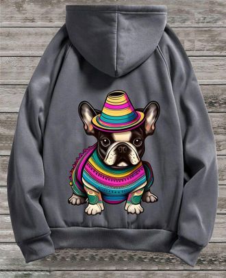 rmk Hoodie Damen Pullover Basic Pulli Kapuzenpullover Seitentaschen Hund Mexico Französische Bulldogge Print