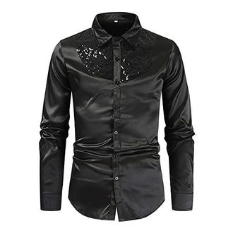 Generic Chemise Disco Homme Vintage, Chemise Homme Manches Longues D&eacute;contract&eacute; Couleur Unie Blouse Chic Polyvalent Paillette Tshirt Coupe Slim Confortable Pol
