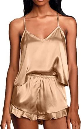 Ekouaer Ensembles de Pyjama Femmes en Satin Lingerie Sexy Vêtements de Nuit Cami Shorts Col en V 2 Pièce Pyjama en Satin de Soie pour Femme