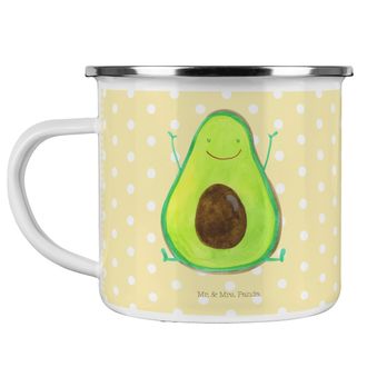 Mr. & Mrs. Panda Camping Emaille Tasse Avocado Gl&uuml;cklich - Geschenk, Metalltasse, Chaos, Blechtasse, Juhuu, Gesund, Freude, Kaffee Blechtasse, Vegan