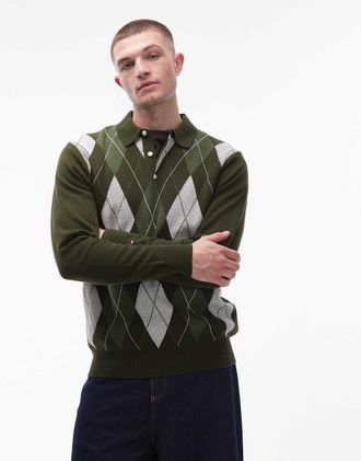 Tommy Hilfiger Lang&auml;rmliges Rugby-Polohemd aus Strick in Gr&uuml;n mit Rautenmuster