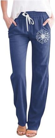Generic Pantalon en coton et lin pour femme - Jambe large - Pantalon de plage d&eacute;t&eacute; confortable - Pantalon de yoga Palazzo - XIYU26086, bleu marine, 3XL