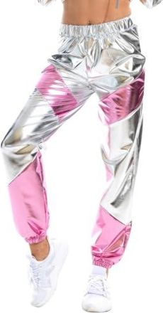 Generic Pantalon m&eacute;tallique long brillant pour femme - Pantalon de jogging &agrave; paillettes - Taille haute - Pantalon de sport arc-en-ciel - Rave Abba - Tenue Tec