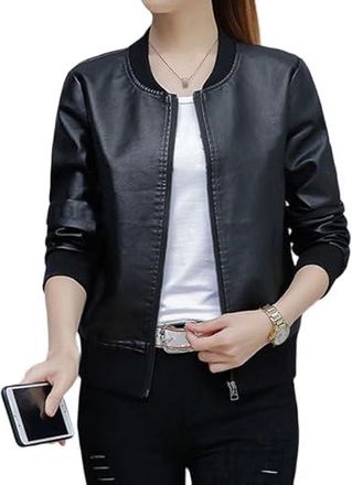 Generic Blouson bomber court en similicuir avec fermeture &eacute;clair et poches pour femme, Noir, XXL