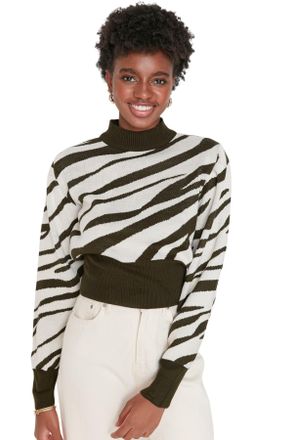 Trendyol Damen Rollkragenpullover mit Tiermuster Sweatshirt, Khaki, M EU