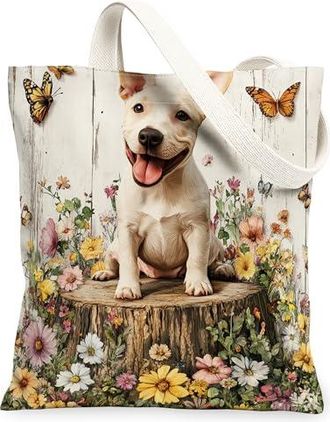 Generic Sac fourre-tout en toile motif chien Spring Bull Terrier 33 x 38,1 cm, sac d&eacute;picerie r&eacute;utilisable pour femme, animal de compagnie, peinture, d&eacute;coratio
