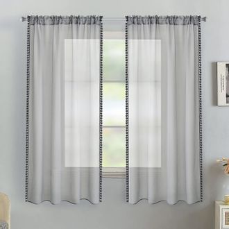 Miulee Gardinen mit Pompons-Hübsche Grau Transparent Gardinen für Kinderzimmer Mädchen, 2 Stücke Vorhang mit Pompons mit Stangendurchzug Durchsichtig Vorhang