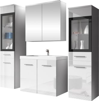 Mirjan24 Badm&ouml;bel Set Madrit II mit Waschbecken und Siphon, Komplettprogramme f&uuml;r Spiegelschrank, Waschtisch, Hochschrank (Wei&szlig;/Wei&szlig; Hochglanz, ohne Beleuchtun