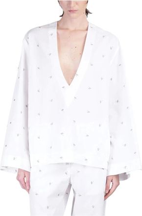 The Attico Femme, Blouses et Chemises, Blanc, Taille: 36 FR Blusa in popeline scollo profondo a V stampa logo all-over maniche lunghe