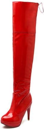 Generic Cuissardes Rétro Femme Bout Rond en Cuir Verni Fermeture Éclair Latérale Talons Aiguilles Hauts Lacets Plateforme À Enfiler Chaussures Soirée Bal,Roug