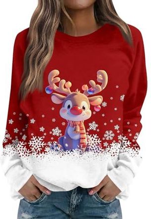 Generic Sweat-shirt graphique de Noël pour femme, pull festif à manches longues et col rond avec imprimé flocon de neige, renne et Père Noël, pull de Noël pou