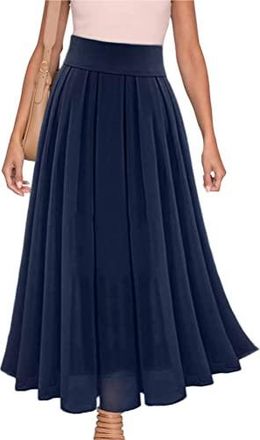 ORANDESIGNE Jupe Longue Femme Ete Taille Elastique Maxi Jupe Fluide Boho Rétro Mode Élégant Couleur Unie Jupe Plissee Trapeze Plage Casual Skirt Ete E Bleu Marine