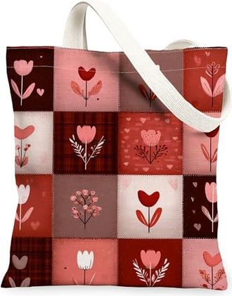 Generic Sacs fourre-tout en toile florale, motif floral, sacs d&eacute;picerie, sacs d&eacute;picerie r&eacute;utilisables, l&eacute;gers et lavables avec bandouli&egrave;re pour voyage, Rouge,