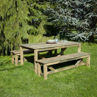 C&eacute;monjardin C&eacute;monjardin - Salon de jardin avec bancs en bois Normand - 6 places