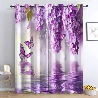 Generic Violet Occultant Rideaux 280x260 cm, Plantes Et Fleurs Fleurs Lilas Isolant Thermique, Anti Froid, Bloque la Lumi&egrave;re Rideaux, &agrave; Oeillets insonoris&eacute;s R
