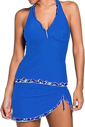 Minetom Maillot de Bain Femme 2 Pièces Short Tankini Dos Nu à Bretelle Grande Taille Push Up Bikini Rembourré Plage Swimsuit A Bleu S