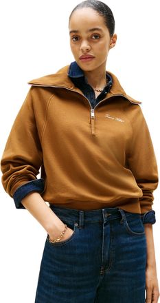 Tommy Hilfiger Damen Sweatshirt mit Reißverschluss Classic Script Fleece Half-Zip, Braun (Highland Khaki), XXL