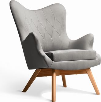 MG Design Ohrensessel aus Samt in Grau - Bequemer Polstersessel mit Holzbeinen, hoher R&uuml;ckenlehne & weichem Samtbezug f&uuml;r Wohnzimmer oder Schlafzimme