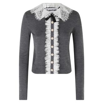 Self Portrait Strickjacke mit Spitzenkragen - - Knitwear - Damen - Grau - M