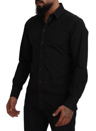 Dolce & Gabbana Mens Black Cotton Collared Long Sleeve Gold Shirt
