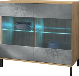 Vladon Kommode Bari V3, Moderner K&uuml;chenschrank mit 2 gro&szlig;en Glast&uuml;ren inkl. RGB Beleuchtung Eiche Evoke/Beton Dunkel Optik (92,5 x 83.5 x 35)