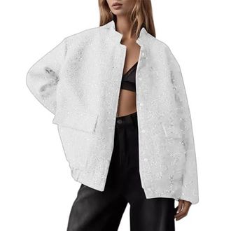 Generic Veste Femme Chic Et Elegant Veste d&eacute;contract&eacute;e femme &agrave; col montant avec paillettes scintillantes pour style streetwear et sorties quotidiennes confort