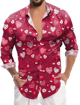 Generic Chemise à manches longues pour homme avec imprimé numérique 3D et revers boutonné 2026, Rouge, XL