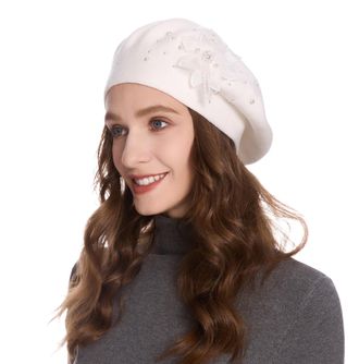 ZLYC Damen-Barettm&uuml;tze, wendbar, einfarbig, Kaschmir-Mosaik, warme Baskenm&uuml;tze, Blumenanh&auml;nger wei&szlig;, Einheitsgr&ouml;&szlig;e