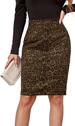 Feoya Jupe Courte en Daim Femme Jupe Imprim&eacute; L&eacute;opard Crayon Moulante Taille Haute Jupes Faux Daim Fendue Extensible &Eacute;lastique Robe Droite Genoux Mi Longue A