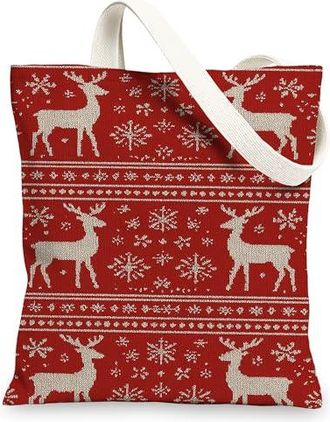 Generic Sacs fourre-tout en toile motif renne, sacs dépicerie réutilisables, rustiques, légers et lavables avec bandoulière, Rouge, 13x15 Inch