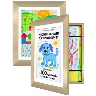 Americanflat A4 Bilderrahmen f&uuml;r Kinderzeichnungen - Gold - Verbundholz mit Bruchsicherem Glas - Horizontale & Vertikale Versionen - 2er Pack
