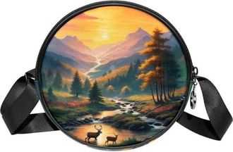Generic Sac &agrave; bandouli&egrave;re Circle pour femme, petit sac &agrave; bandouli&egrave;re Art Mountain Deer avec fermeture &eacute;clair, bretelles r&eacute;glables, sac &agrave; main rond d&eacute;contract&eacute;