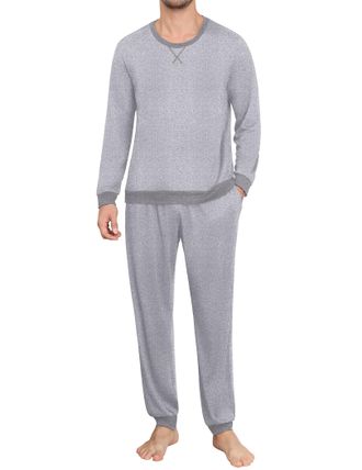 Ekouaer Herren Schlafanzug Lang Pyjama Langarm Winter Nachtwäsche Schlafanzüge für Männer Zweiteiliger Sleepwear mit Bündchen und Taschen,Grau,XXL