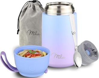 Milu Boîtes Alimentaires Isothermes 800 ml Boîte Isotherme Repas Chaud Porte-Aliments en Acier Inoxydable à Double Couche, Cuillère Pliante pour Ecole, Bur