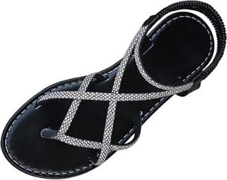 Generic Sandales plates &agrave; paillettes d&eacute;contract&eacute;es &agrave; bout ouvert pour femme - &Eacute;l&eacute;gantes - L&eacute;g&egrave;res et confortables - Avec sangle de cheville &eacute;lastique - Pour l