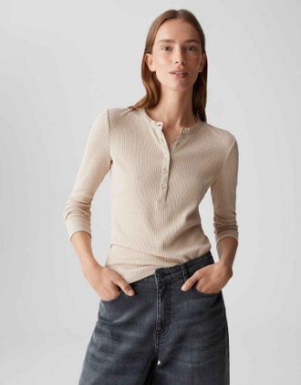 OPUS Longsleeve SIMOLU mit feiner Rippstruktur Henley Ausschnitt, figurbetonte Passform, kurze Knopfleiste