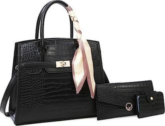 Generic Sac à bandoulière pour femme avec poignée sur le dessus, motif crocodile, sac à main en cuir, sacoche fourre-tout avec pochette 3 pièces, Noir, Large