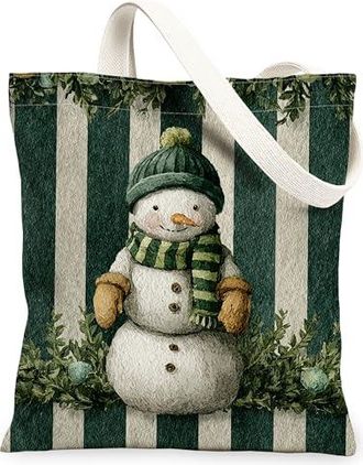 Generic Sacs fourre-tout vintage en toile motif bonhomme de neige festif, l&eacute;ger et lavable pour le shopping, la plage, la salle de sport, Vert, 13x15 Inch