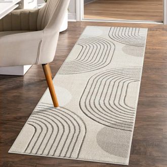 Carpet City Teppich-L&auml;ufer Kurzflor Braun - 80x300 cm - Moderne Flur-Teppiche Geometrisch, Kreis-Muster mit 3D-Optik - Flachflor Bodenbelag Deko Schlafzimmer, Die