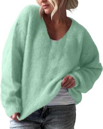 Generic Pull surdimensionn&eacute; moelleux &agrave; col en V pour femme, pull doux et chaud &agrave; manches longues, coupe d&eacute;contract&eacute;e, tricot &eacute;pais, confortable et d&eacute;contract&eacute;