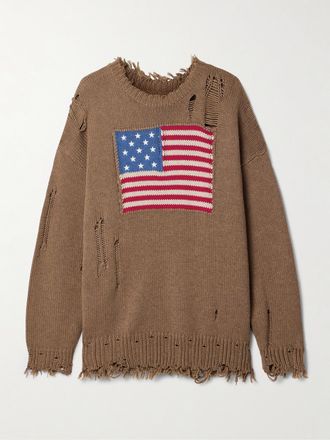 Denimist Pull En Coton Mélangé Intarsia Effet Vieilli À Broderies American Flag - Marron