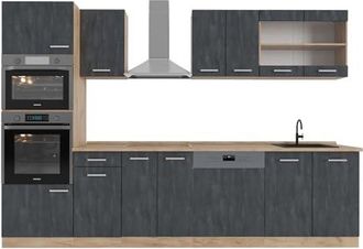 Vicco Cuisine R-Line, B&eacute;ton Noir/ch&ecirc;ne dor&eacute;, 300 cm sans Plan de Travail