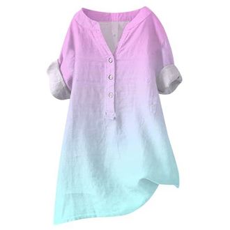 Generic Chemise en lin pour femme - Col en V - D&eacute;grad&eacute; - Manches longues - Col en V - Chemisier basique pour le travail de bureau, beige, 3XL