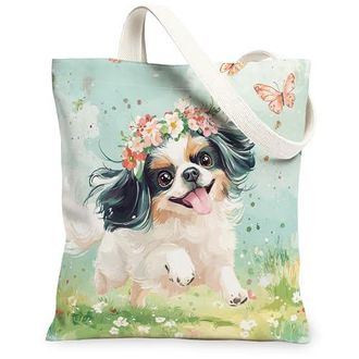 Generic Sac fourre-tout en toile motif chien japonais pour le shopping, 33 x 38 cm, motif papillons amusants, sac d&eacute;picerie r&eacute;utilisable pour femme, peinture 