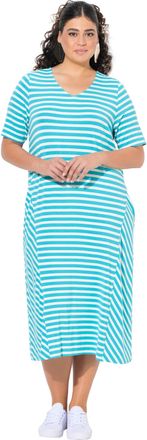 Ulla Popken Damen große Größen Übergrößen Plus Size Midikleid, Ringel, A-Linie, V-Ausschnitt, Halbarm, Taschen tiefes Aqua 58+ 838561740-58+